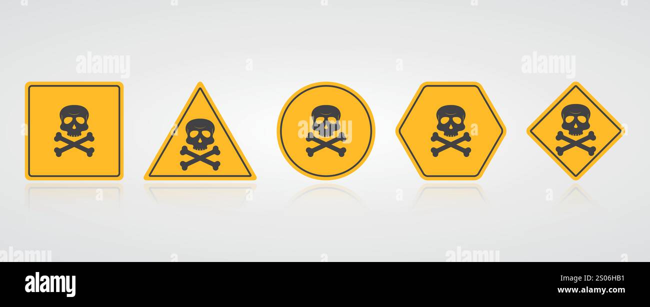 Icon with skull danger sign. Warning danger yellow sign. Various shape ...