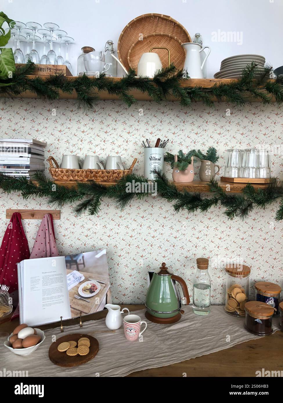 This charming kitchen shelf reflects a cozy winter ambiance. Wooden ...