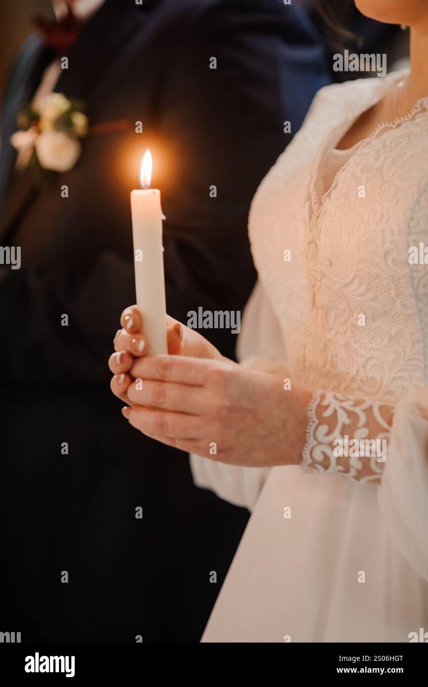 Elegant Bride Holding Candle During Intimate Wedding Ceremony Stock ...