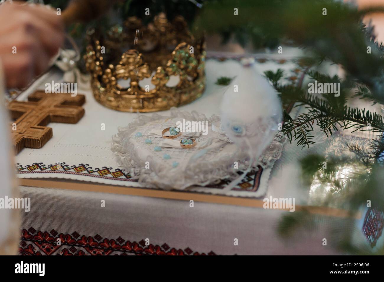 Intricate Wedding Ceremony Setting with Rings and Decorative Elements ...