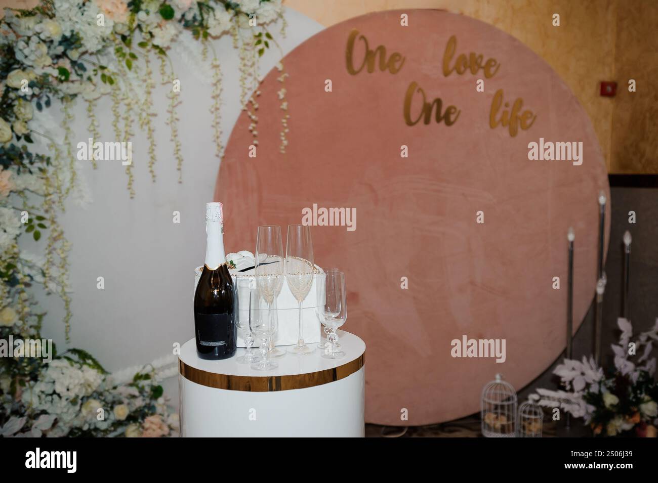 Elegant Wedding Celebration Setup with Champagne and Floral Decor Stock ...