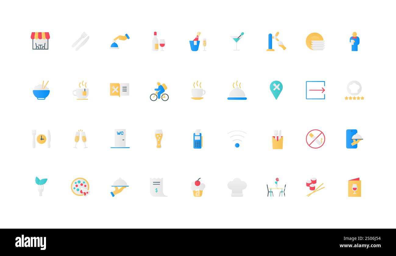 Restaurant food online order and delivery by courier color icon set ...