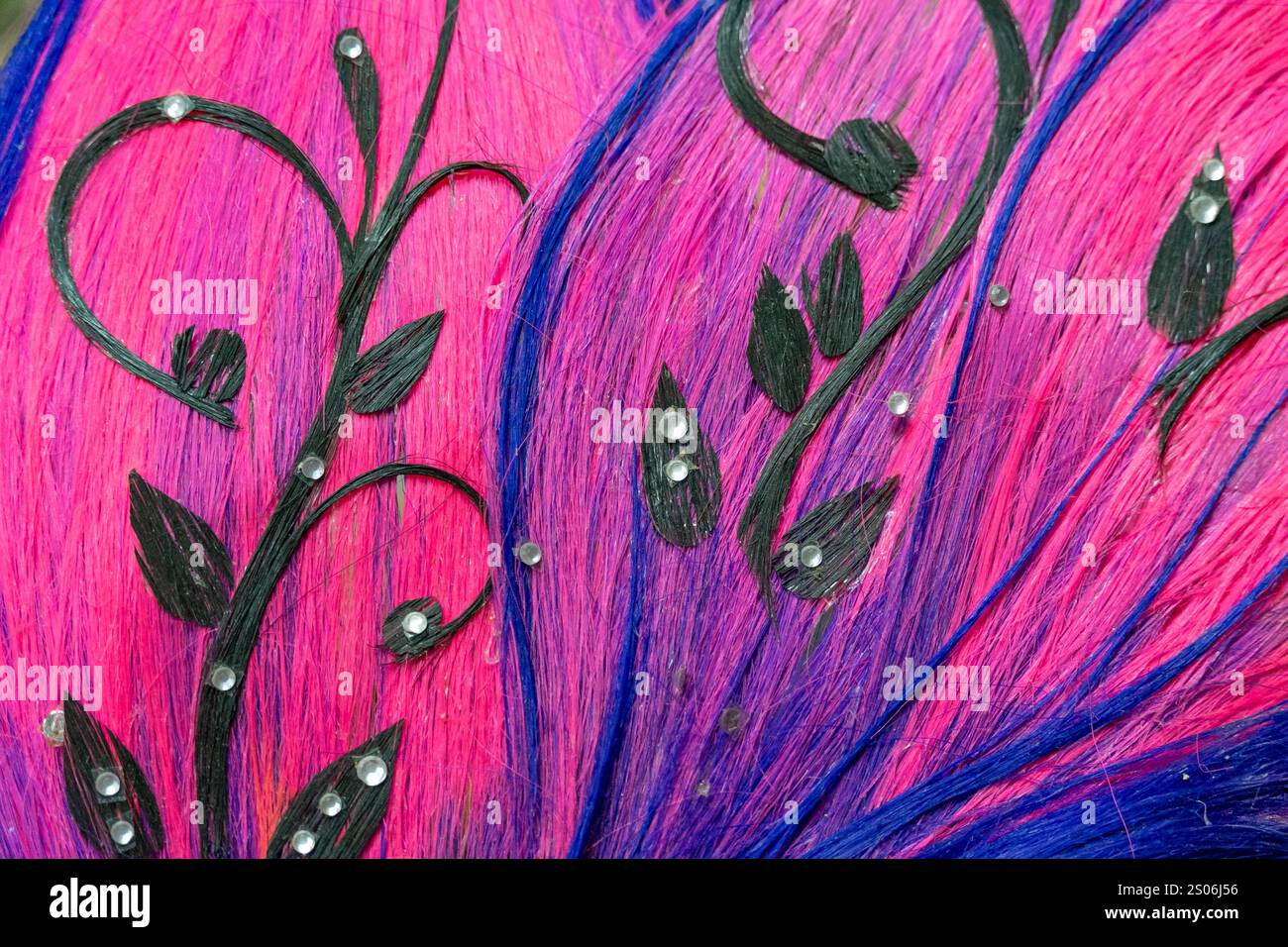 Creative hair art features flowing strands in pink and blue, adorned ...