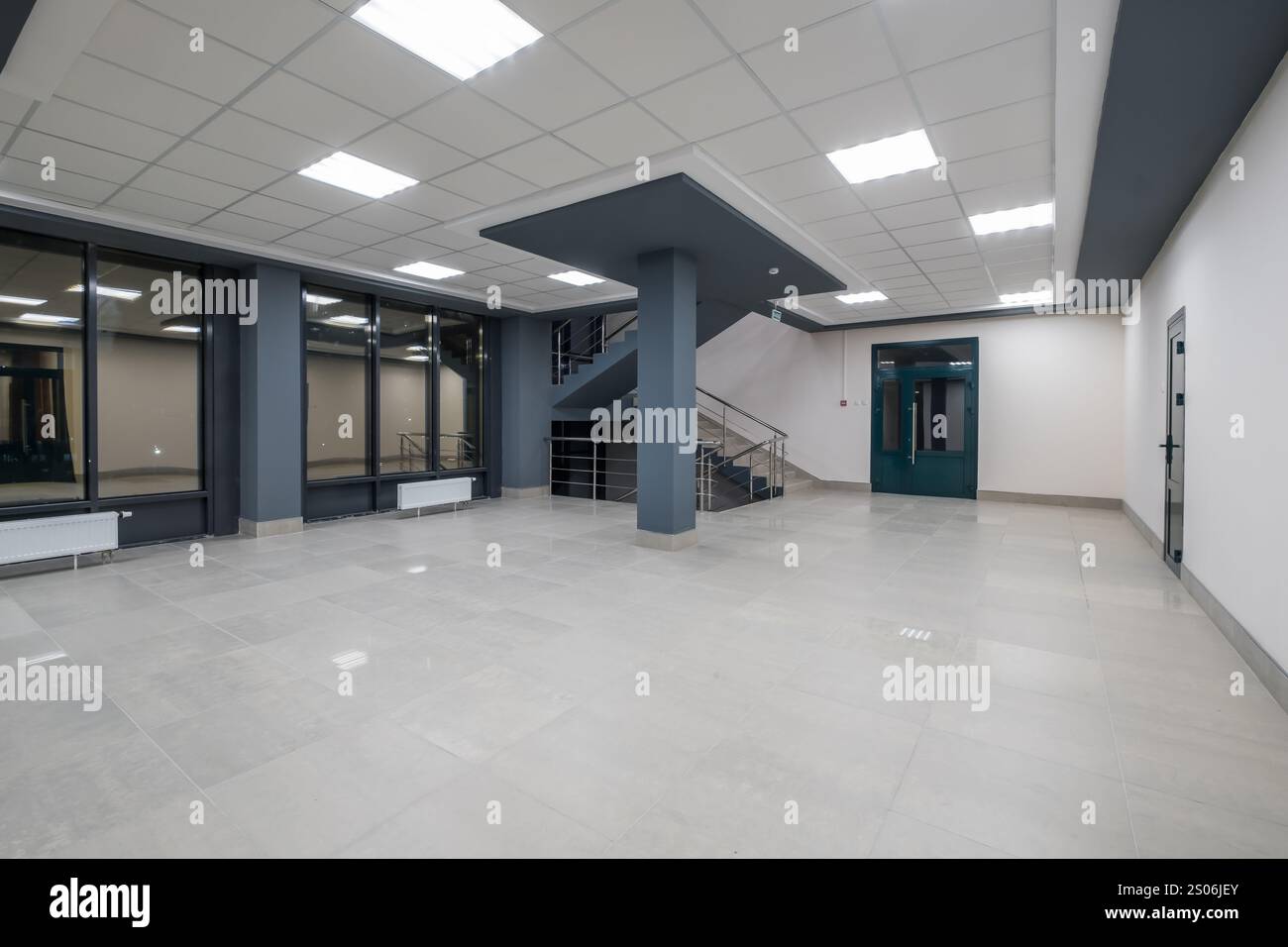 panorama view in empty modern hall with columns, doors and panoramic ...