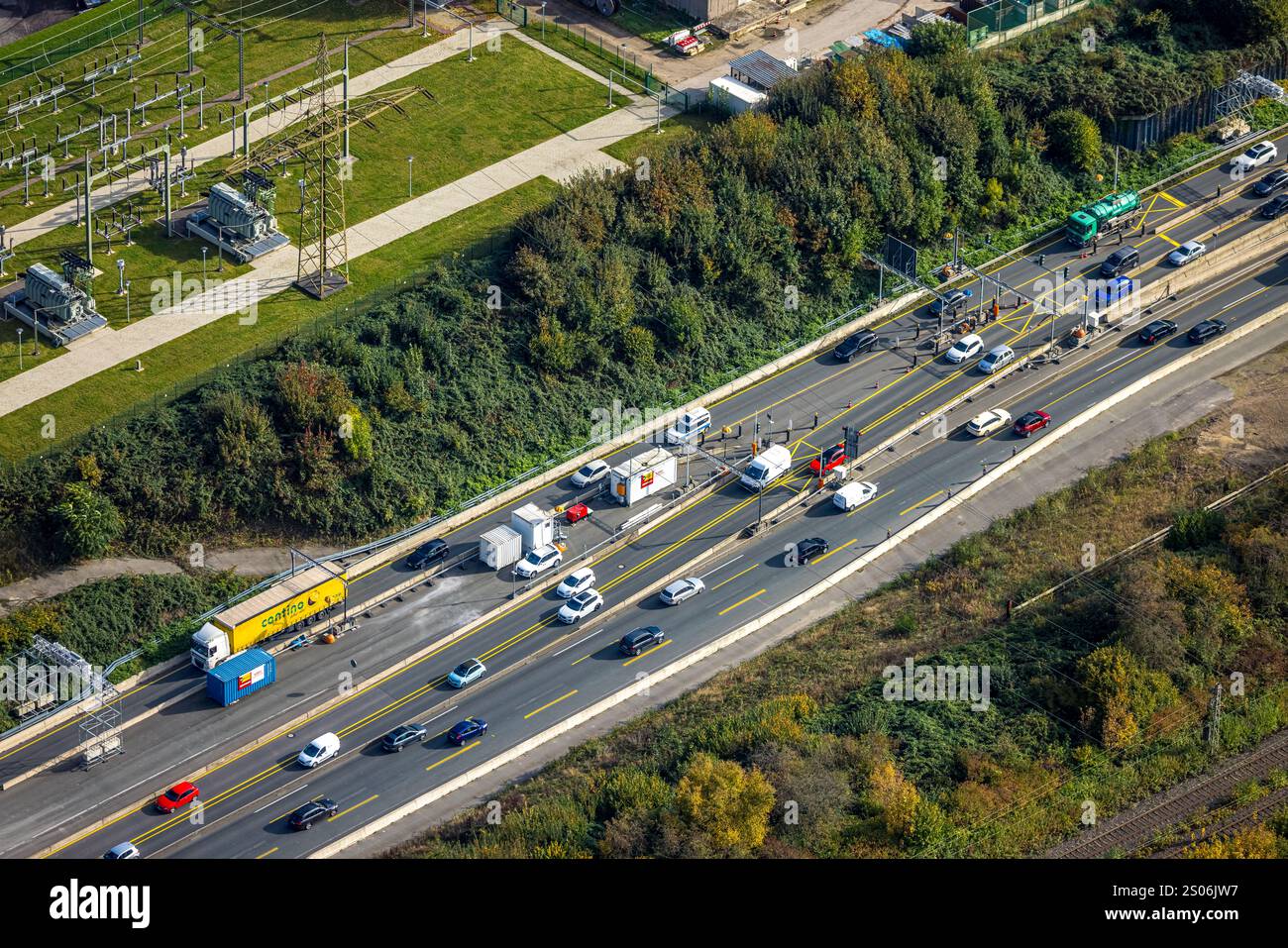 Luftbild, Großbaustelle Autobahnkreuz Herne, Stau auf der Autobahn A43 ...