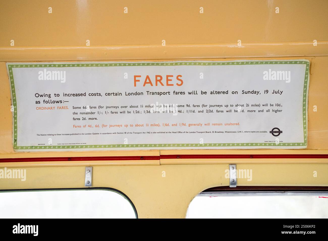 Bus FARES poster on double decker vintage bus built in 1950s Stock ...