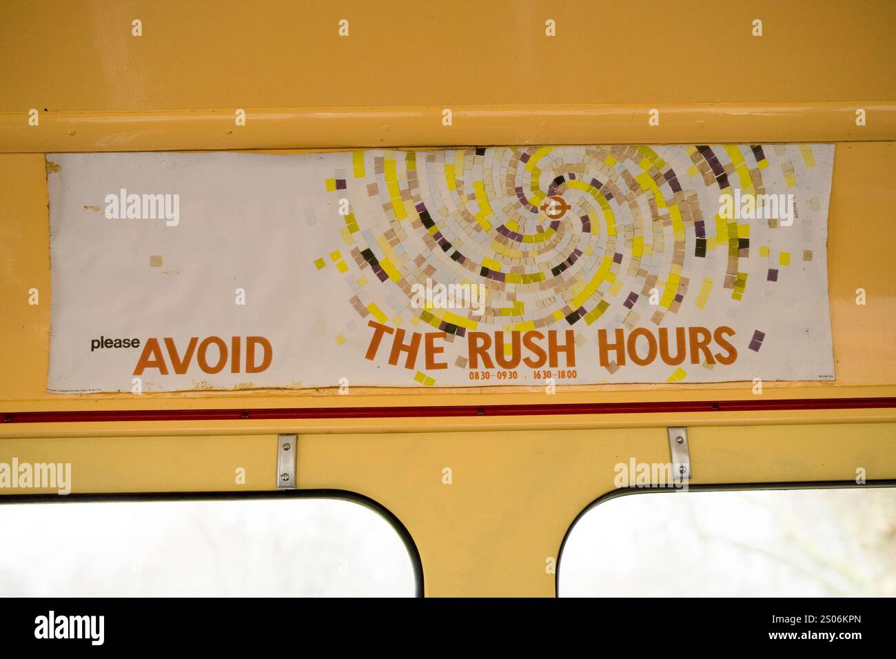 "Please avoid THE RUSH HOURS" bus poster on double decker vintage bus ...