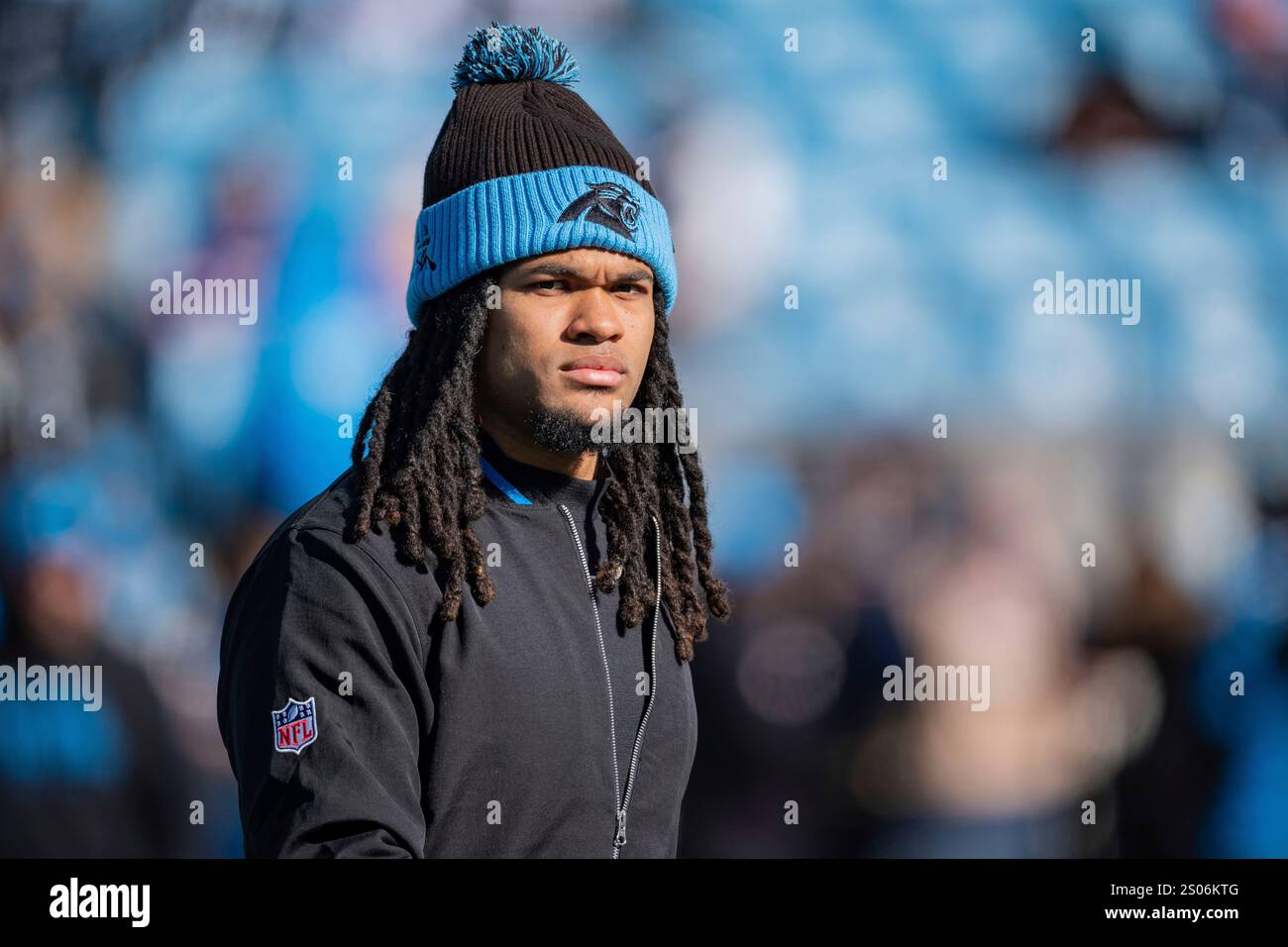 Carolina Panthers running back Jonathon Brooks looks on before an NFL ...