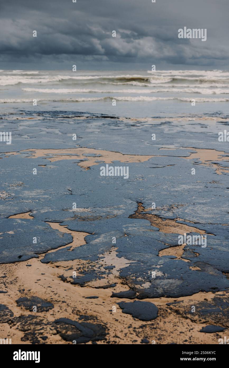 Oil leaked in coastline after a tanker wreck. Fuel oil polluted and ...