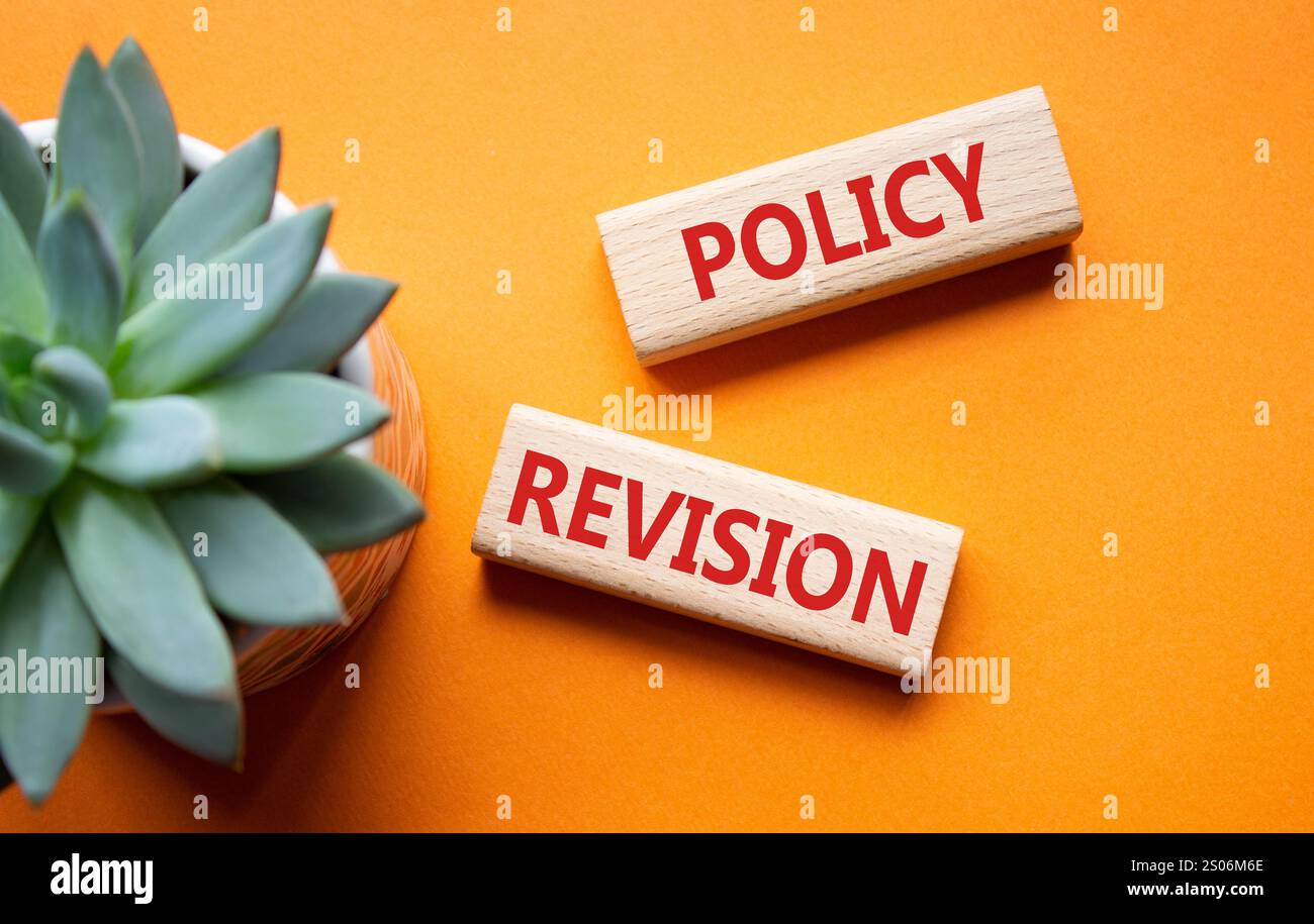 Policy revision symbol. Concept word Policy revision on wooden blocks ...