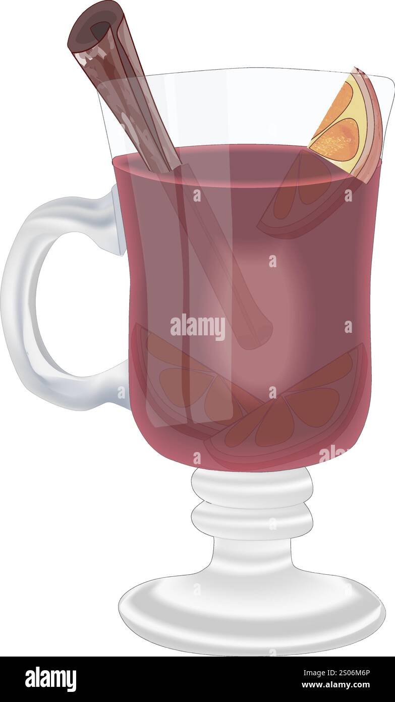 Mulled wine. A glass of hot red wine with orange and stick cinnamon ...