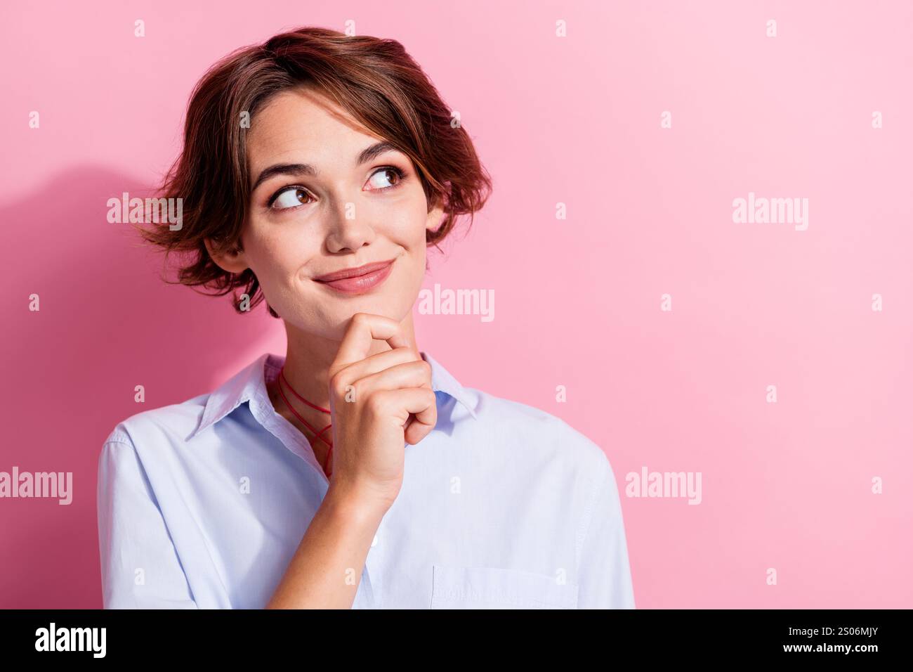 Photo of smart pretty lady arm touch chin look interested empty space ...