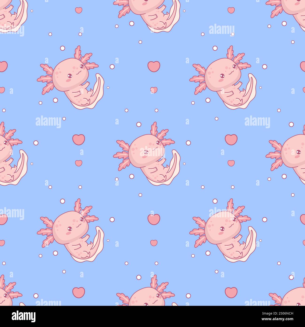 Seamless pattern with cute Axolotl on blue background. Funny Little ...