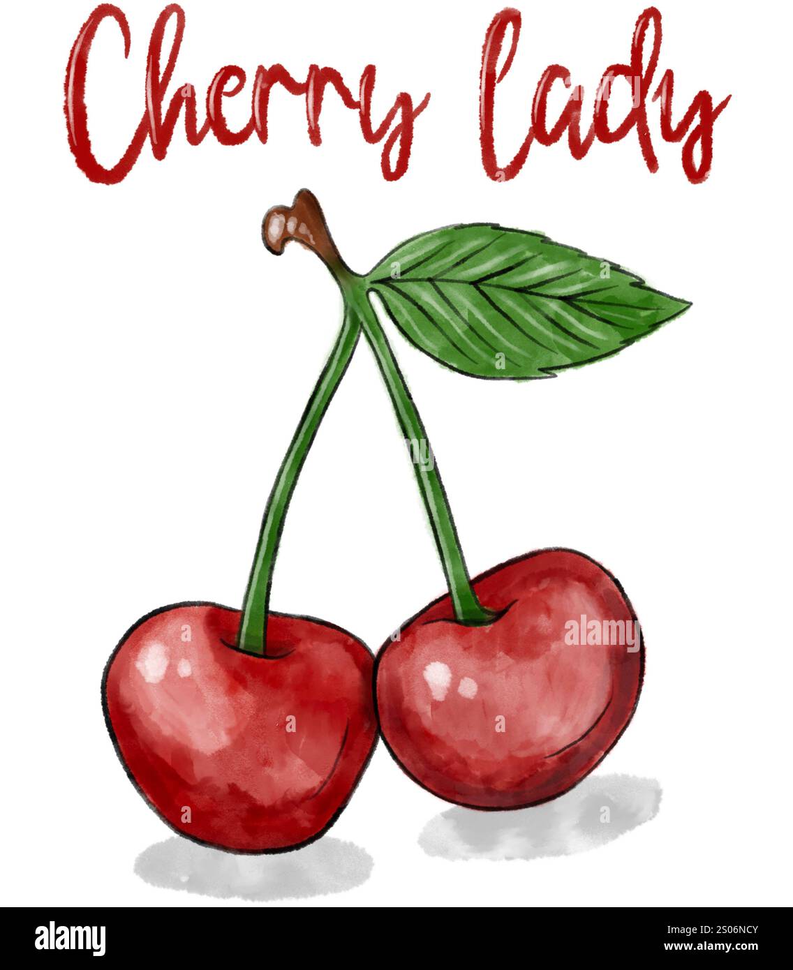 Hand Drawn Watercolor Style Cherries with Handwritten Cherry Lady Text Stock Photo - Alamy