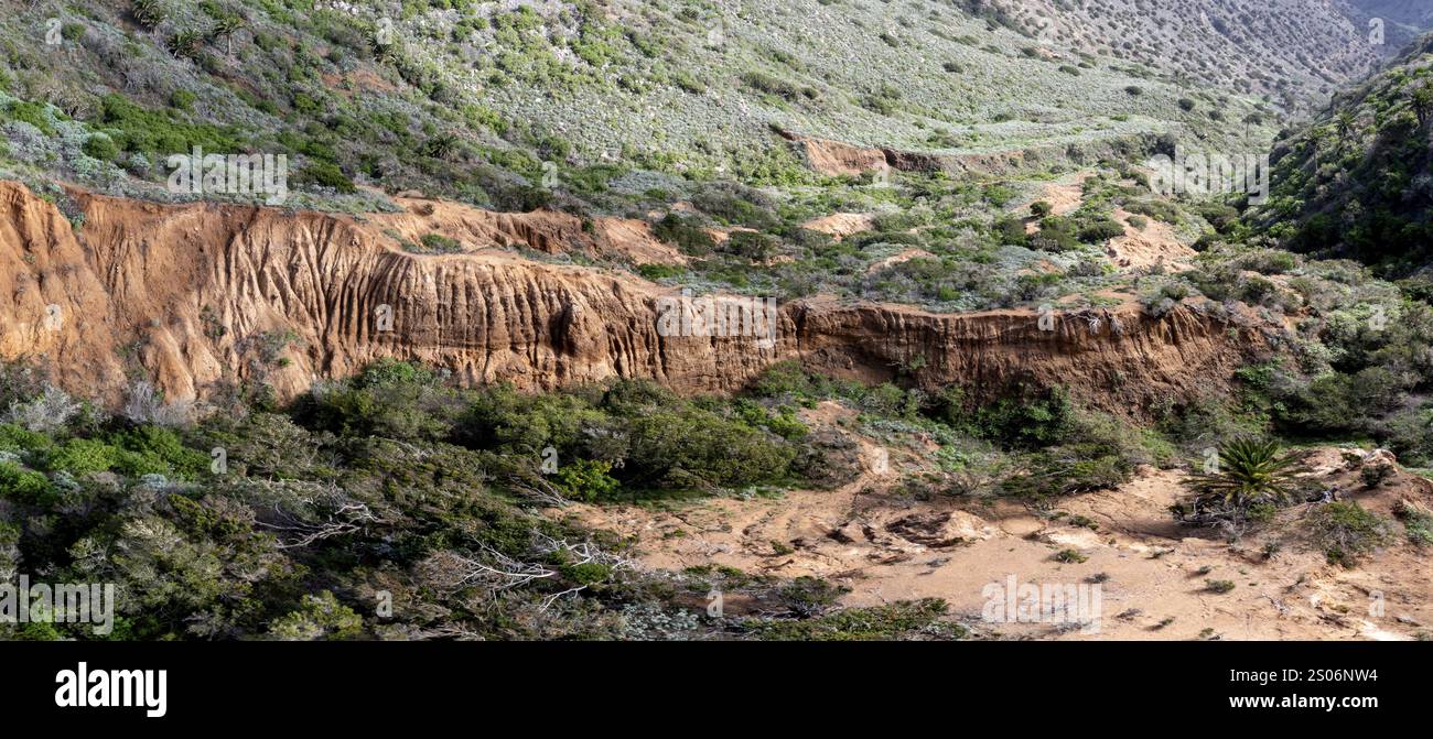 Aerial view, red rocks, erosion, near Arguamul, La Gomera, Canary ...