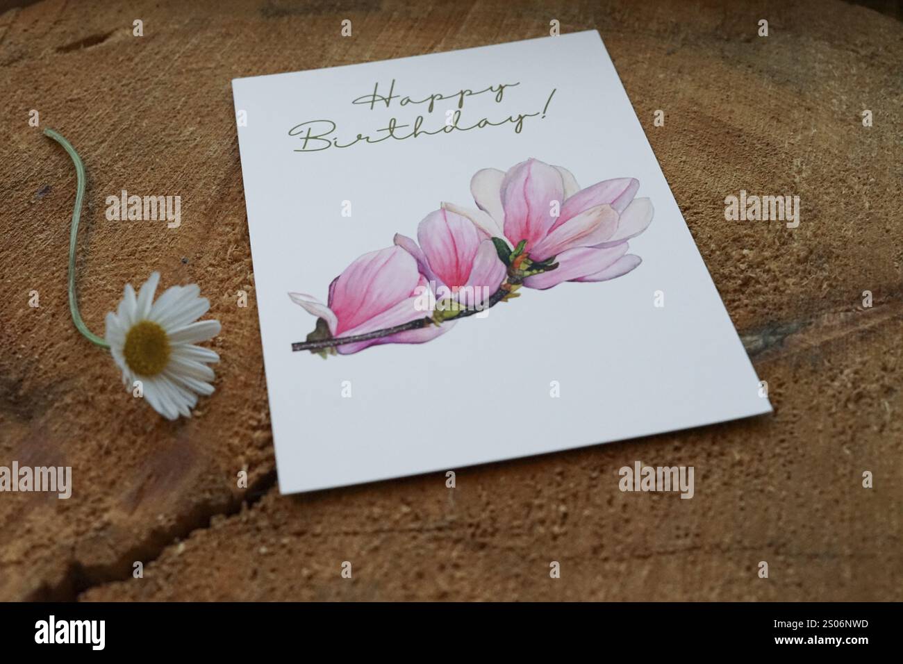 Happy Birthday greeting card with a magnolia branch painted in ...