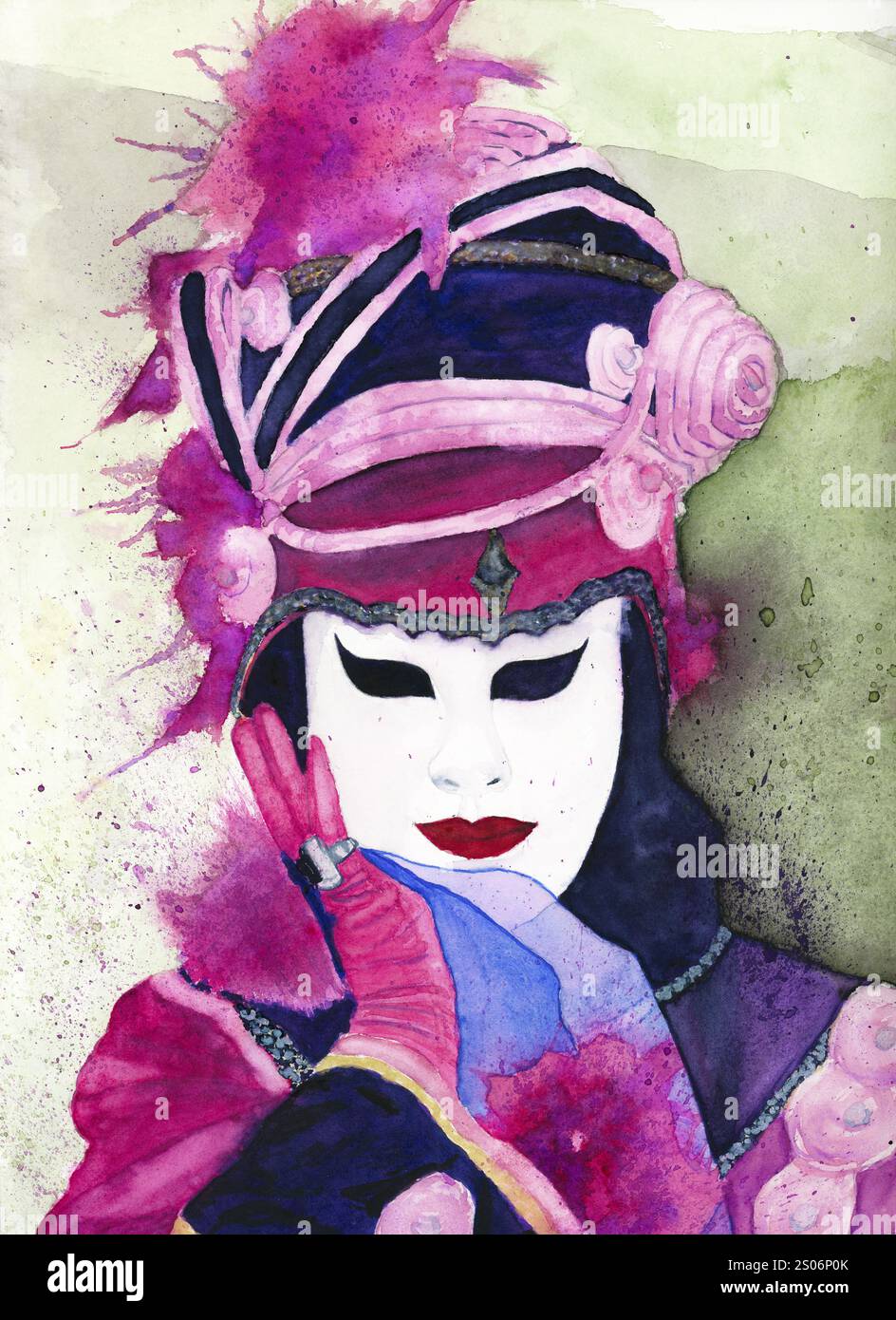 Watercolour painting of a pompously dressed woman at carnival, head and ...