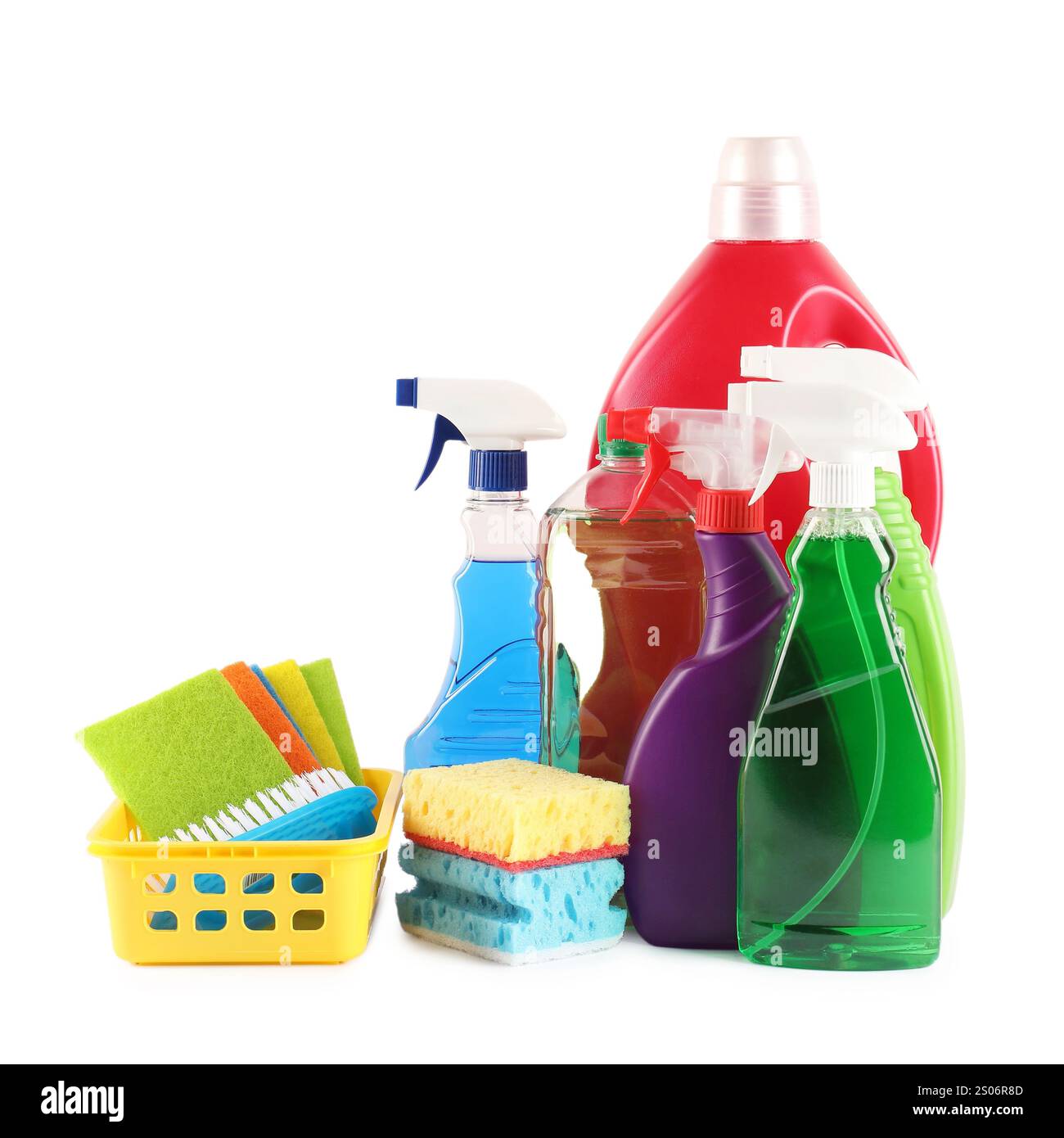 Set of different cleaning products isolated on white Stock Photo - Alamy