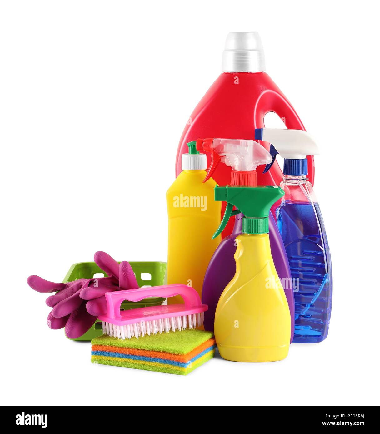 Set of different cleaning products isolated on white Stock Photo - Alamy