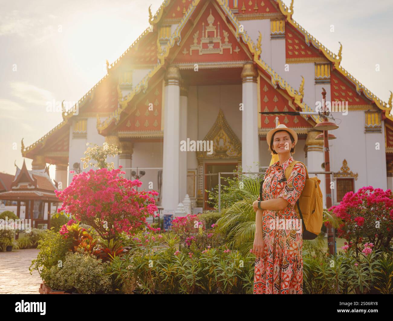 Travel to Ayutthaya, Thailand. Young female tourist explores modern ...