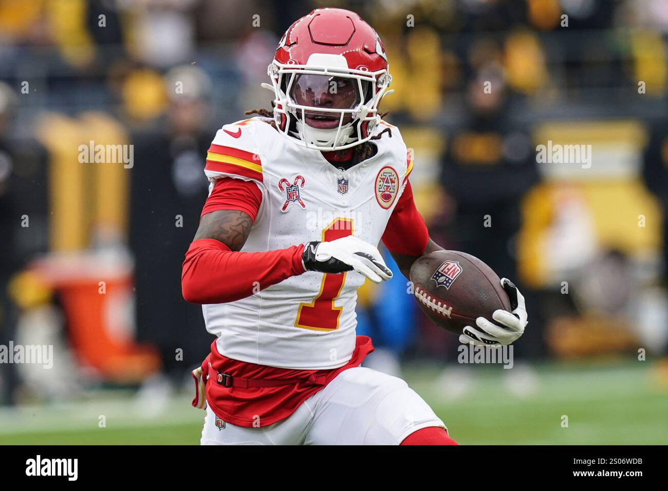 Kansas City Chiefs wide receiver Xavier Worthy (1) runs against the ...