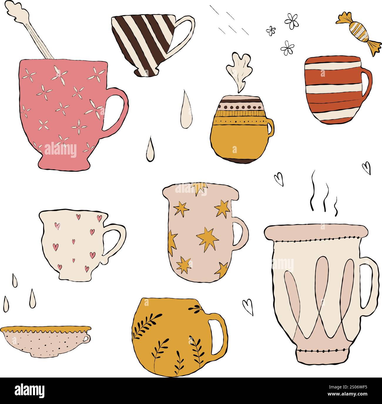 Hand drawn hot drinks set. Doodle coffee cups white background. Coffee, tea, cappuccino ...