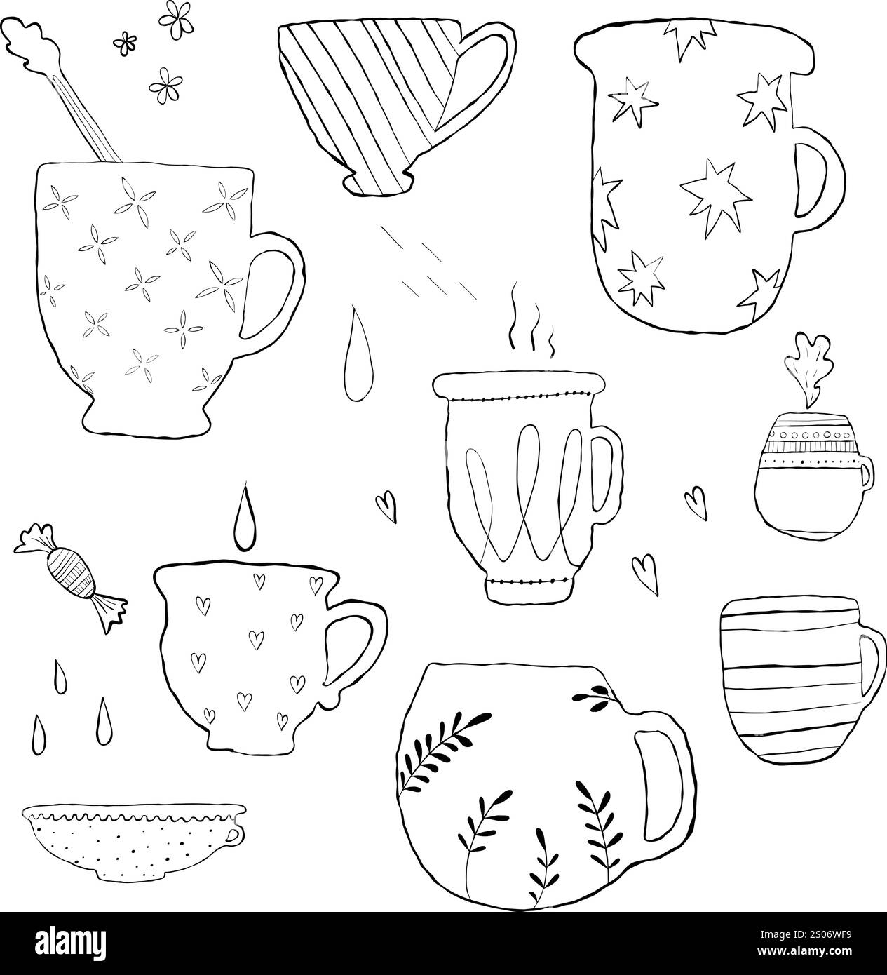 Hand drawn hot drinks set. Doodle coffee cups white background. Coffee, tea, cappuccino ...