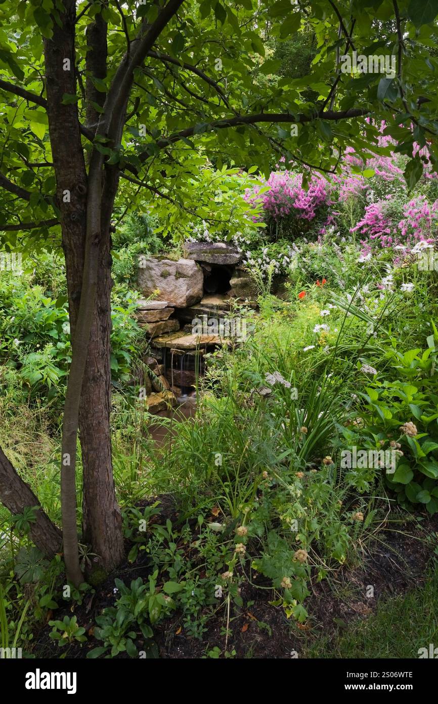 Natural stone man made waterfall through deciduous tree and bordered by ...