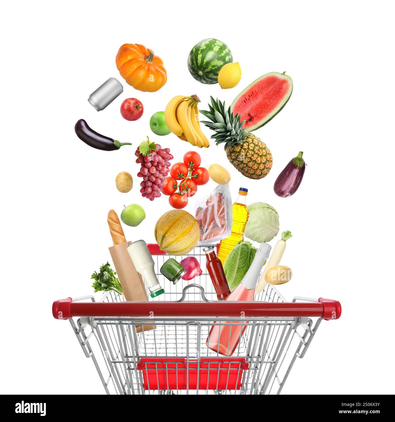 Many different products falling into shopping cart on white background ...