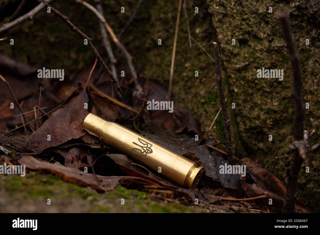An empty cartridge case with the coat of arms of Ukraine lies on the ...