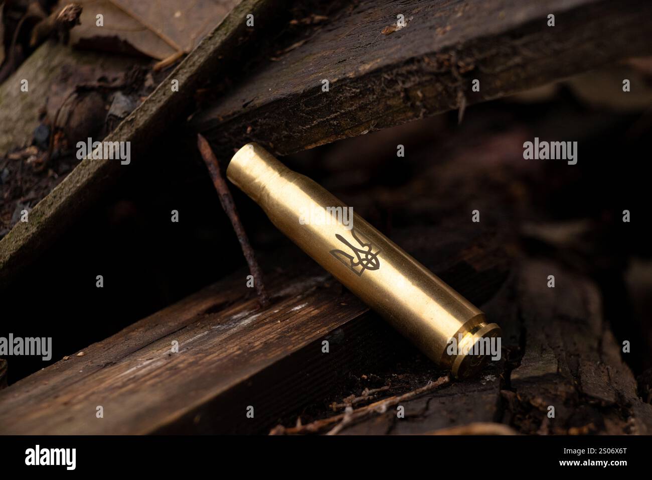 An empty cartridge case with the coat of arms of Ukraine lies on the ...
