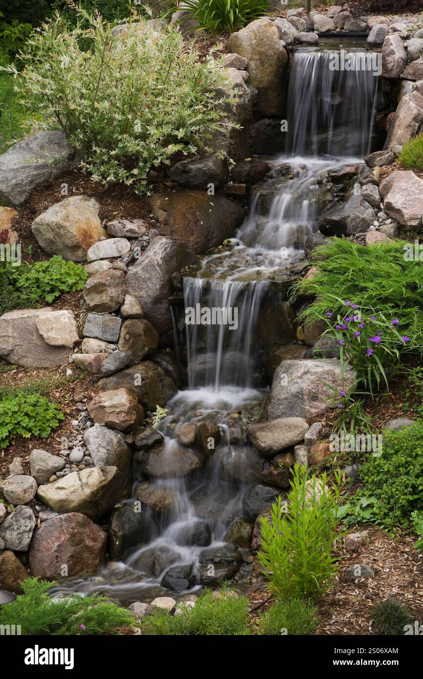 Cascading waterfall through borders with perennial plants, purple ...
