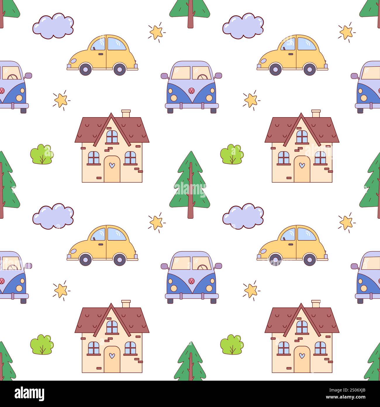Cute Cars and Sweet Homes Seamless Pattern, Childish background Stock ...