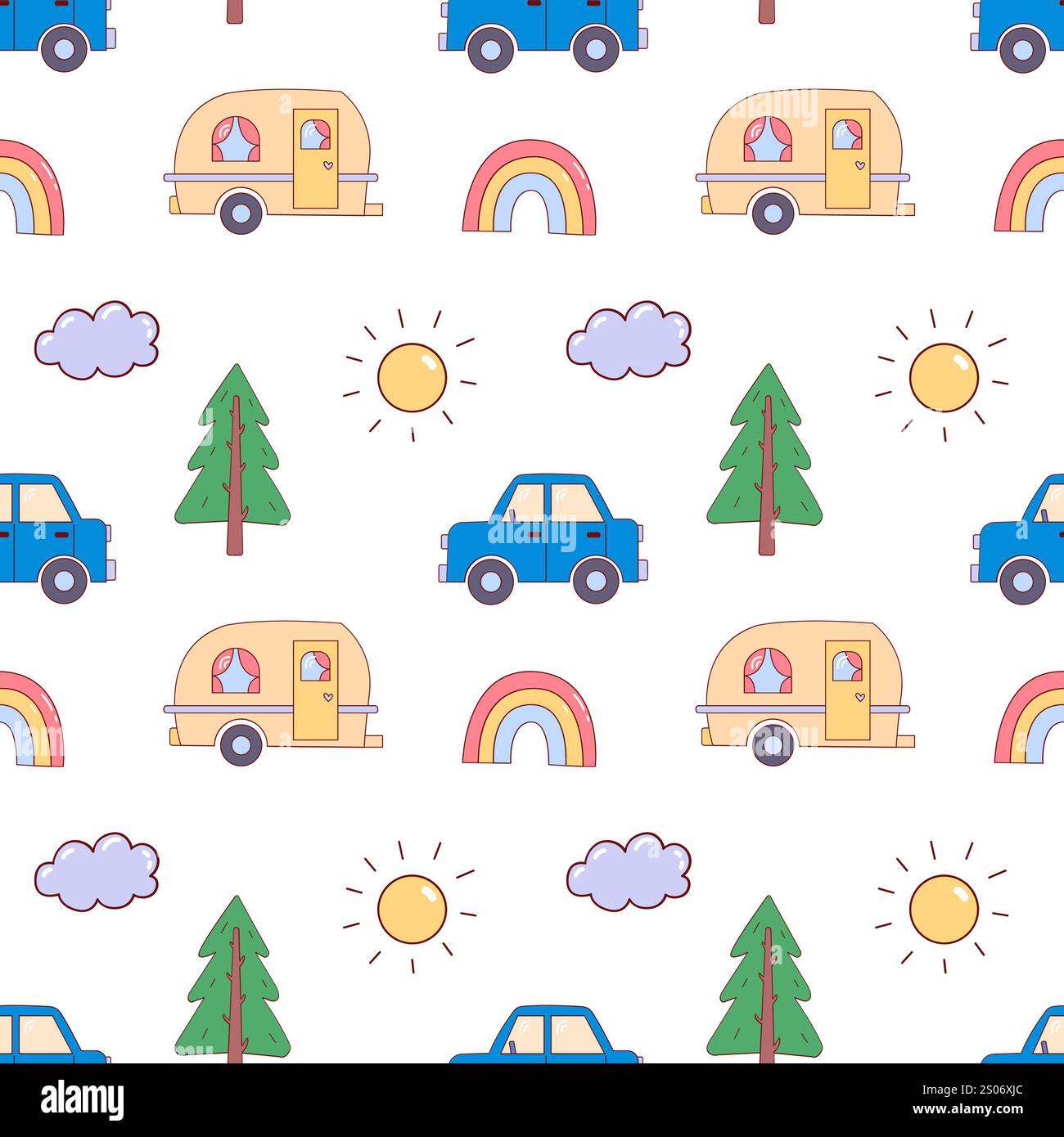Cute Camper Van Seamless Pattern, Childish background Stock Vector ...