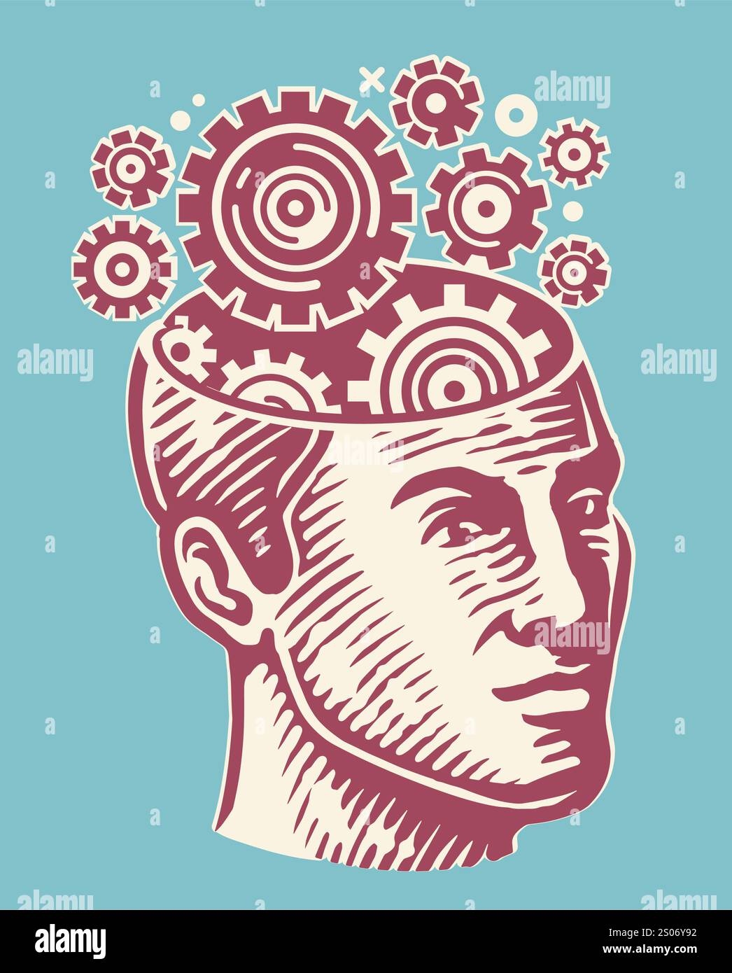Rotating gears in head. Thinking brain, brainstorming, thoughts concept. Mind vector ...