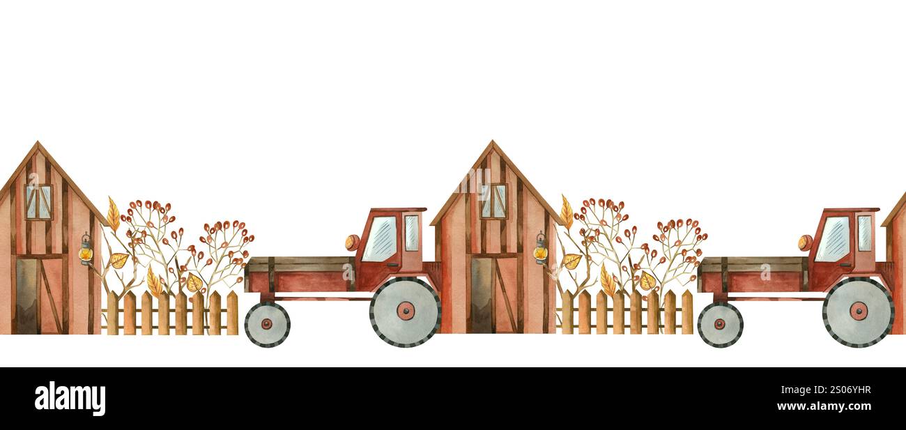 Seamless border. Farm with a fence, tractor, plants and trees. All ...