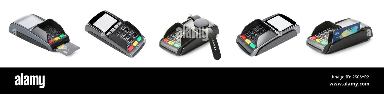 Set of payment terminals on white background Stock Photo - Alamy