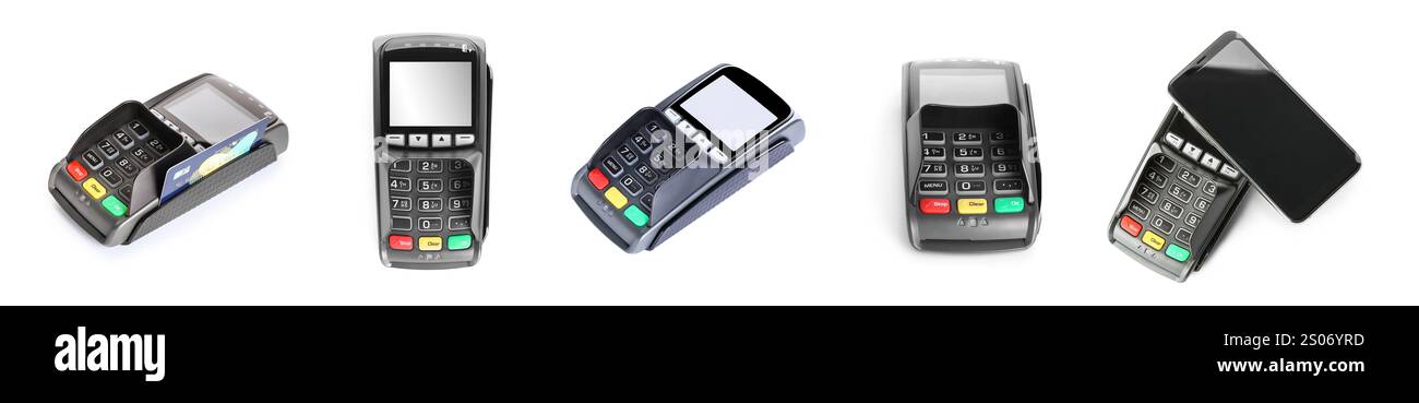 Set of payment terminals on white background Stock Photo - Alamy