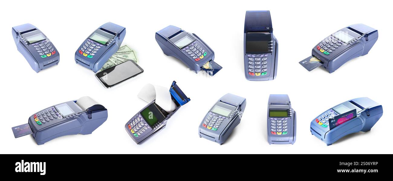 Set of payment terminals on white background Stock Photo - Alamy