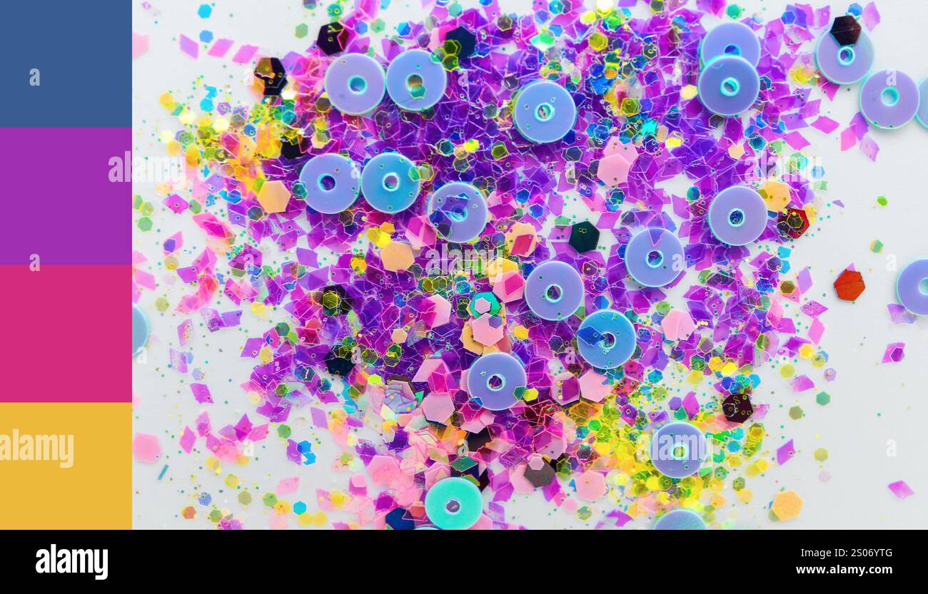 Iridescent sequins on white background, top view. Different color ...