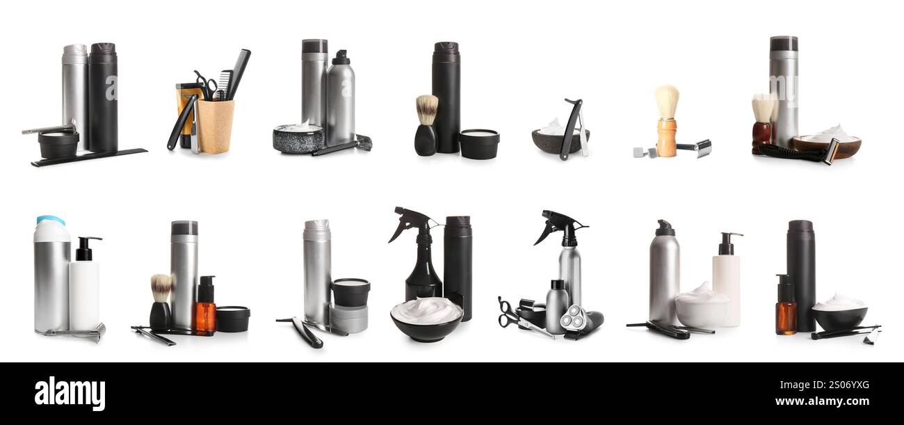 Collage of shaving accessories isolated on white Stock Photo - Alamy