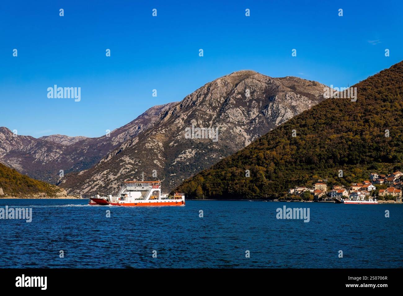 Ferry sailing between Montenegro coasts local sea transportation Stock ...