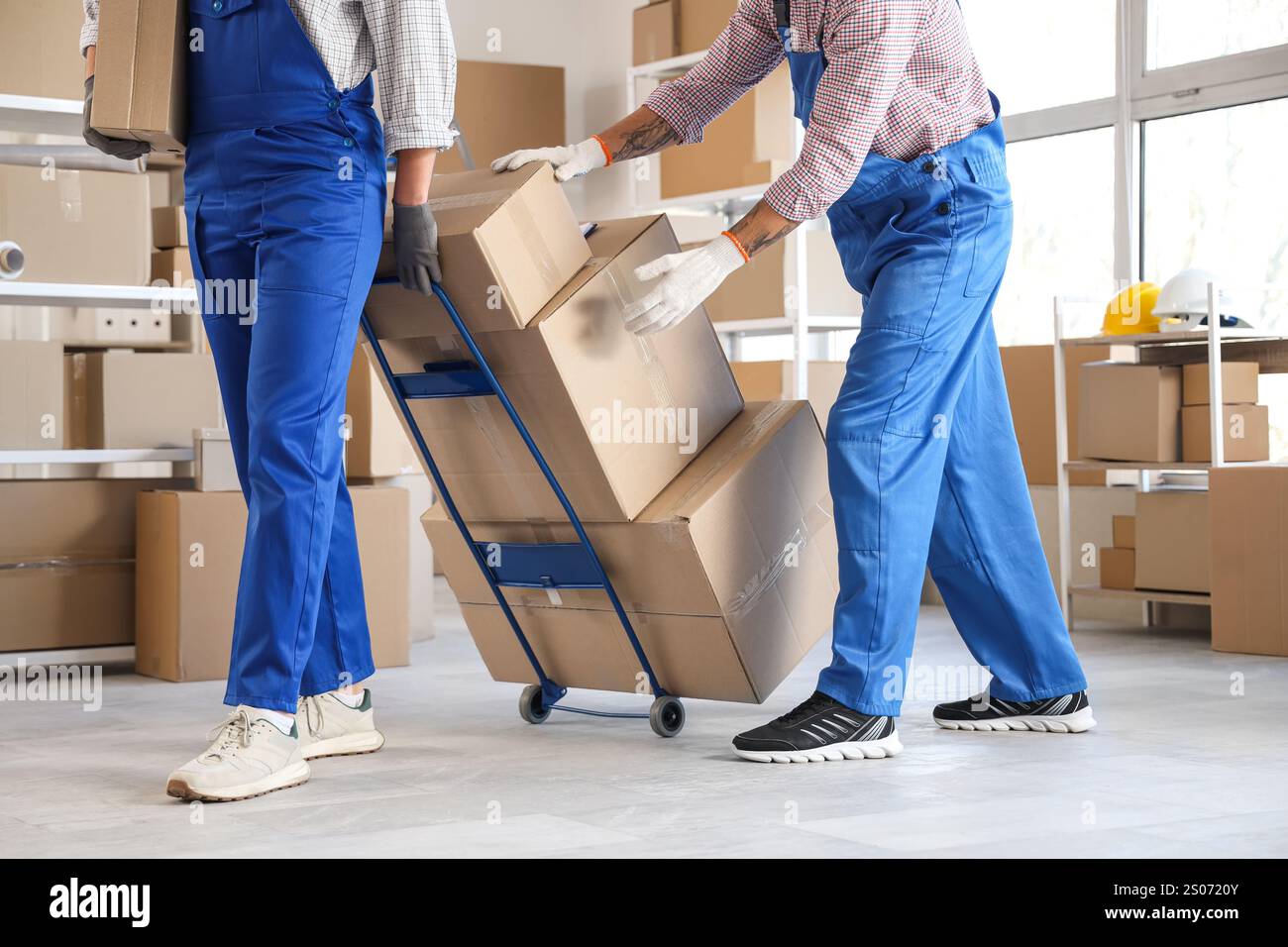 Male loaders carrying boxes on cart in warehouse Stock Photo - Alamy