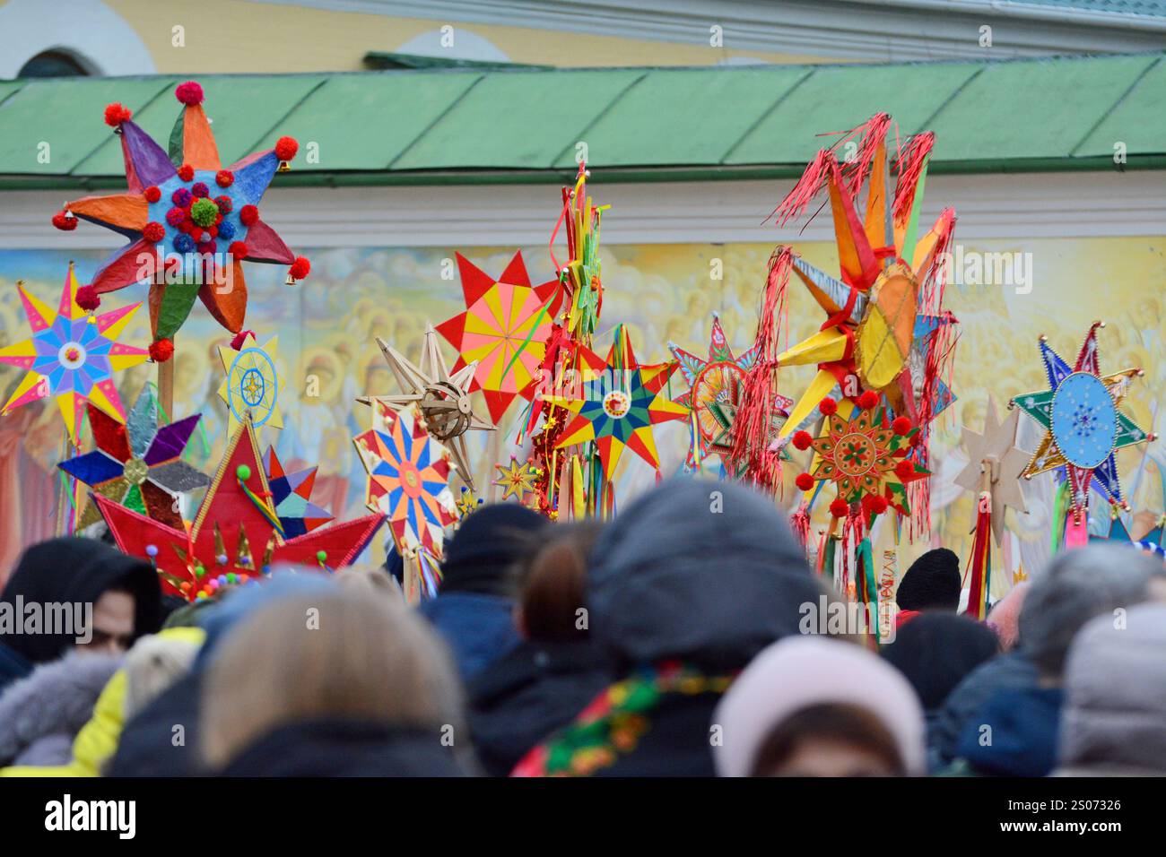 Christmas Stars seen during a Christmas procession in Kyiv. Ukrainians ...