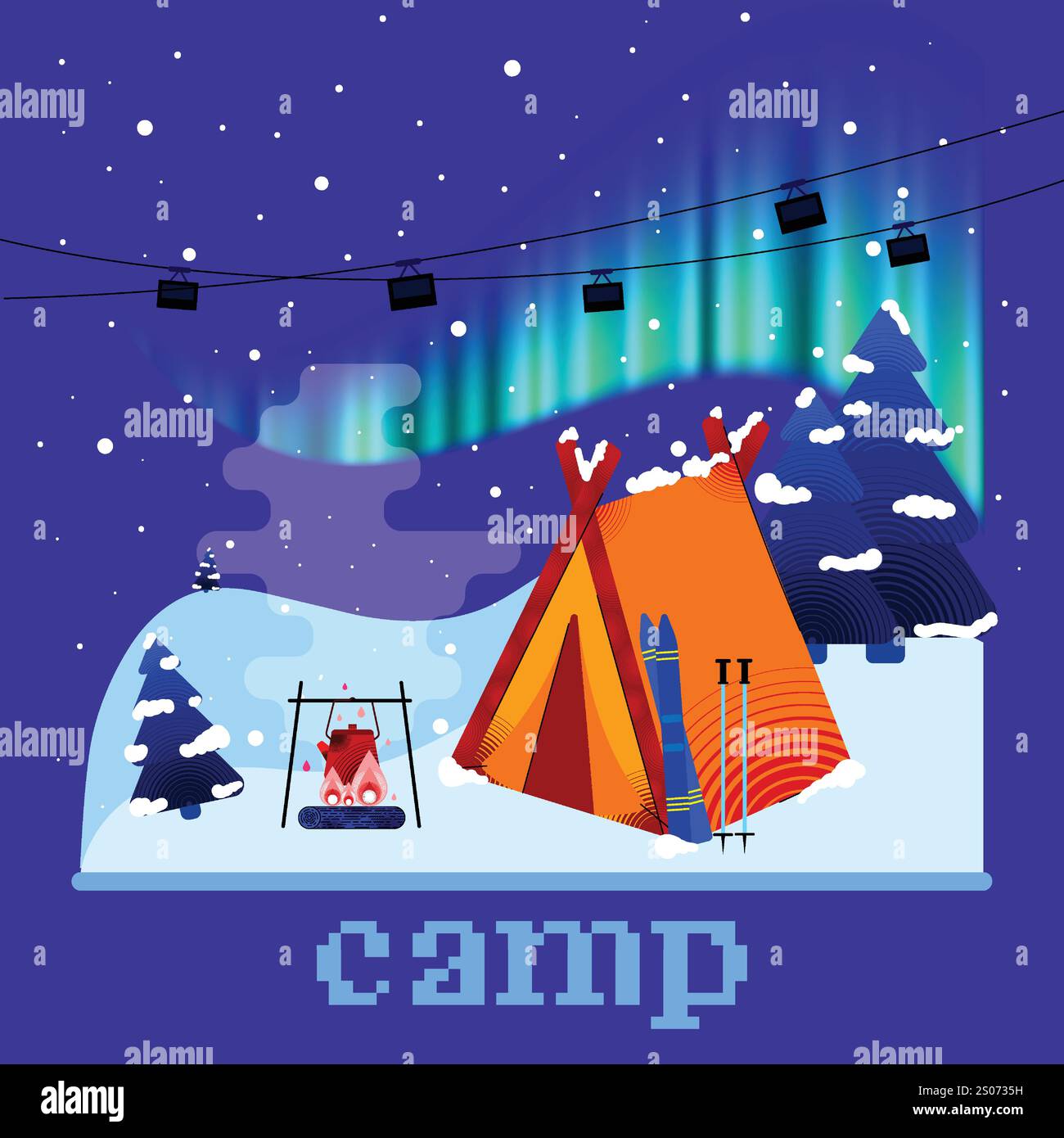 Stunning illustration of campsite with glowing tent, ski gear, and ...