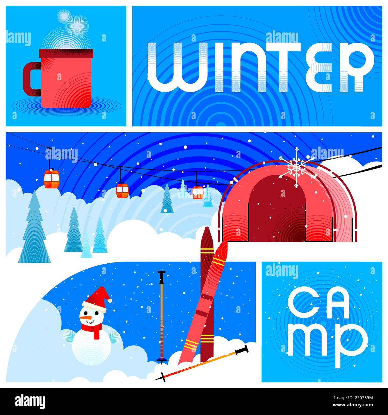 Cheerful winter camping illustration featuring cozy cabin, cable cars ...