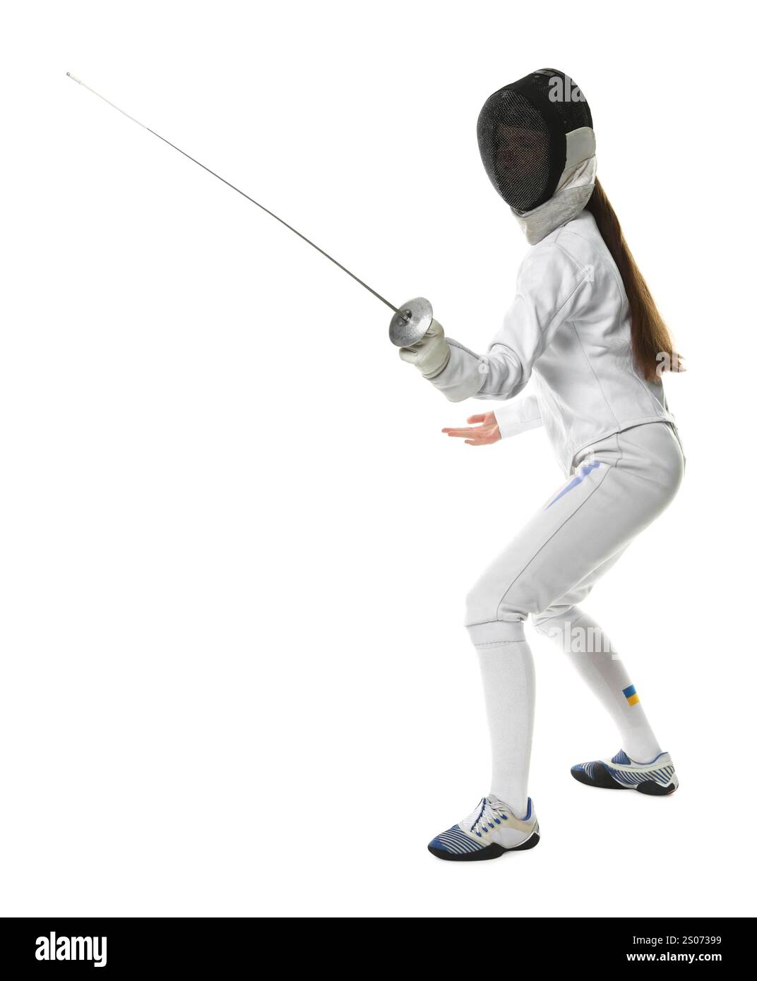 Fencer with epee practicing on white background Stock Photo - Alamy