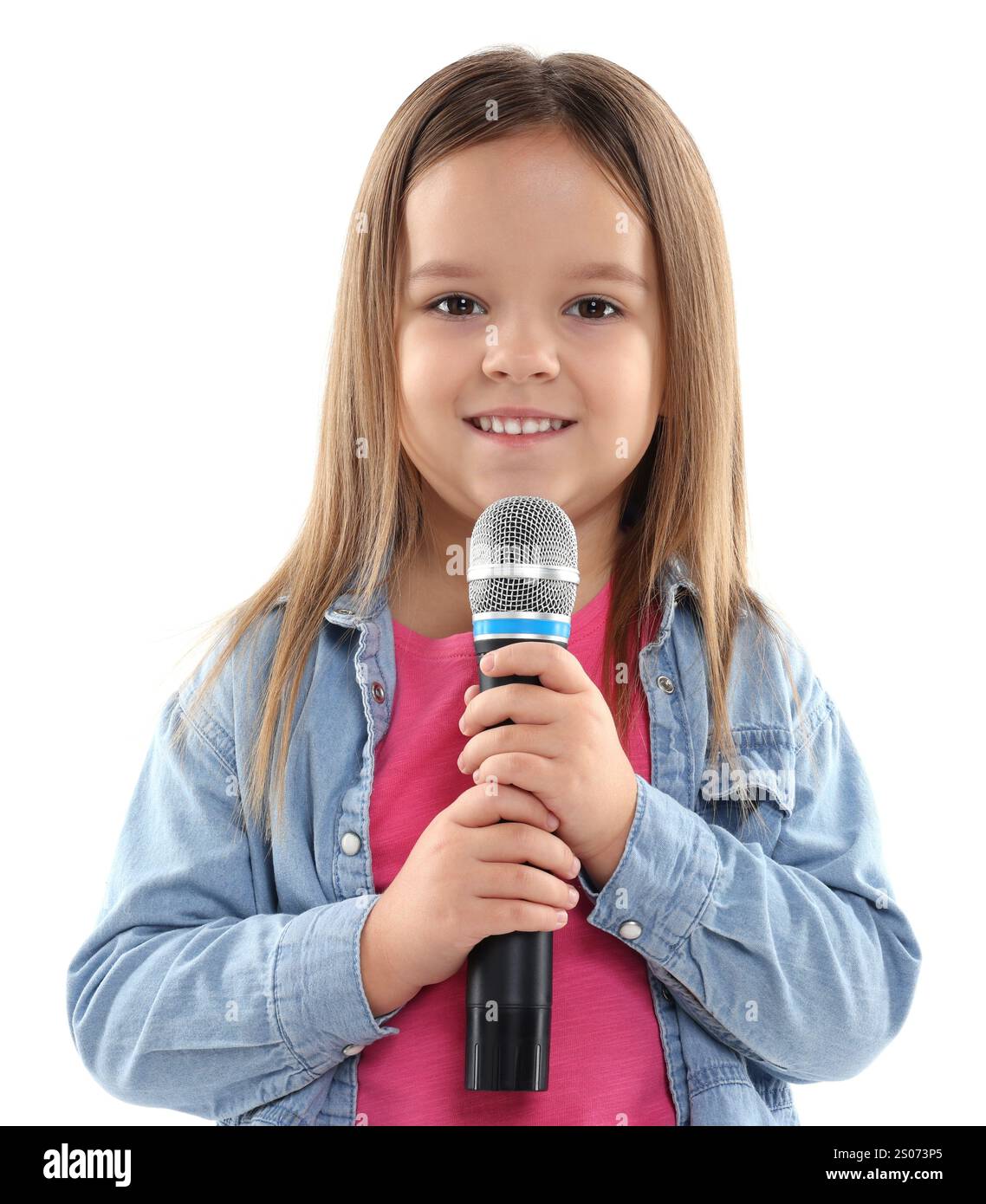 Smiling girl with microphone on white background Stock Photo - Alamy