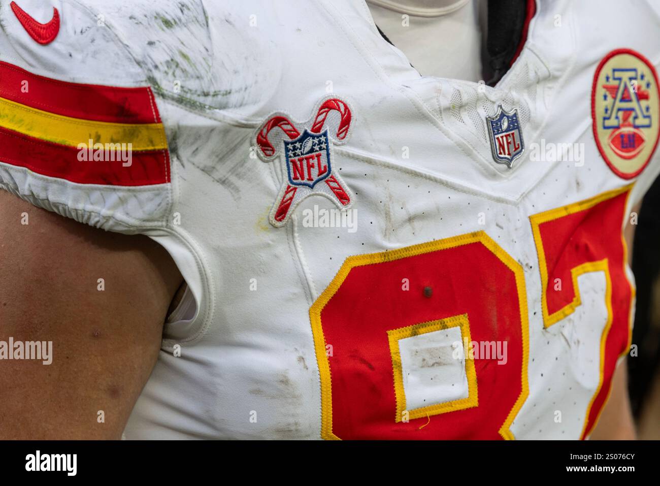 The NFL Candy Cane Uniform Patch is shown on the jersey of Kansas City ...