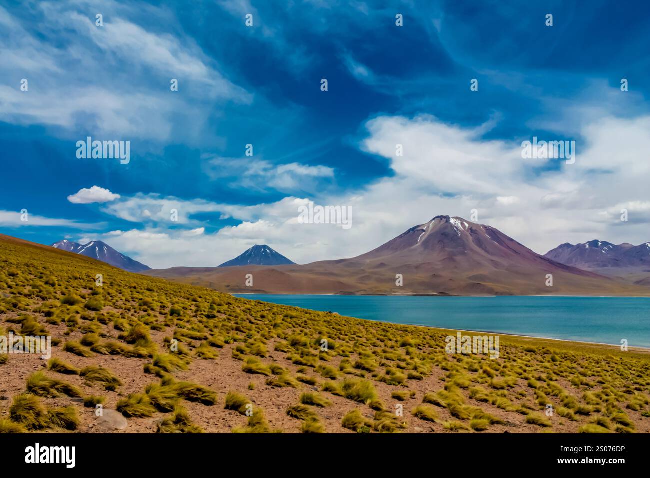 Lakes in the desert Atacama landscape in Chile. The view point to the ...